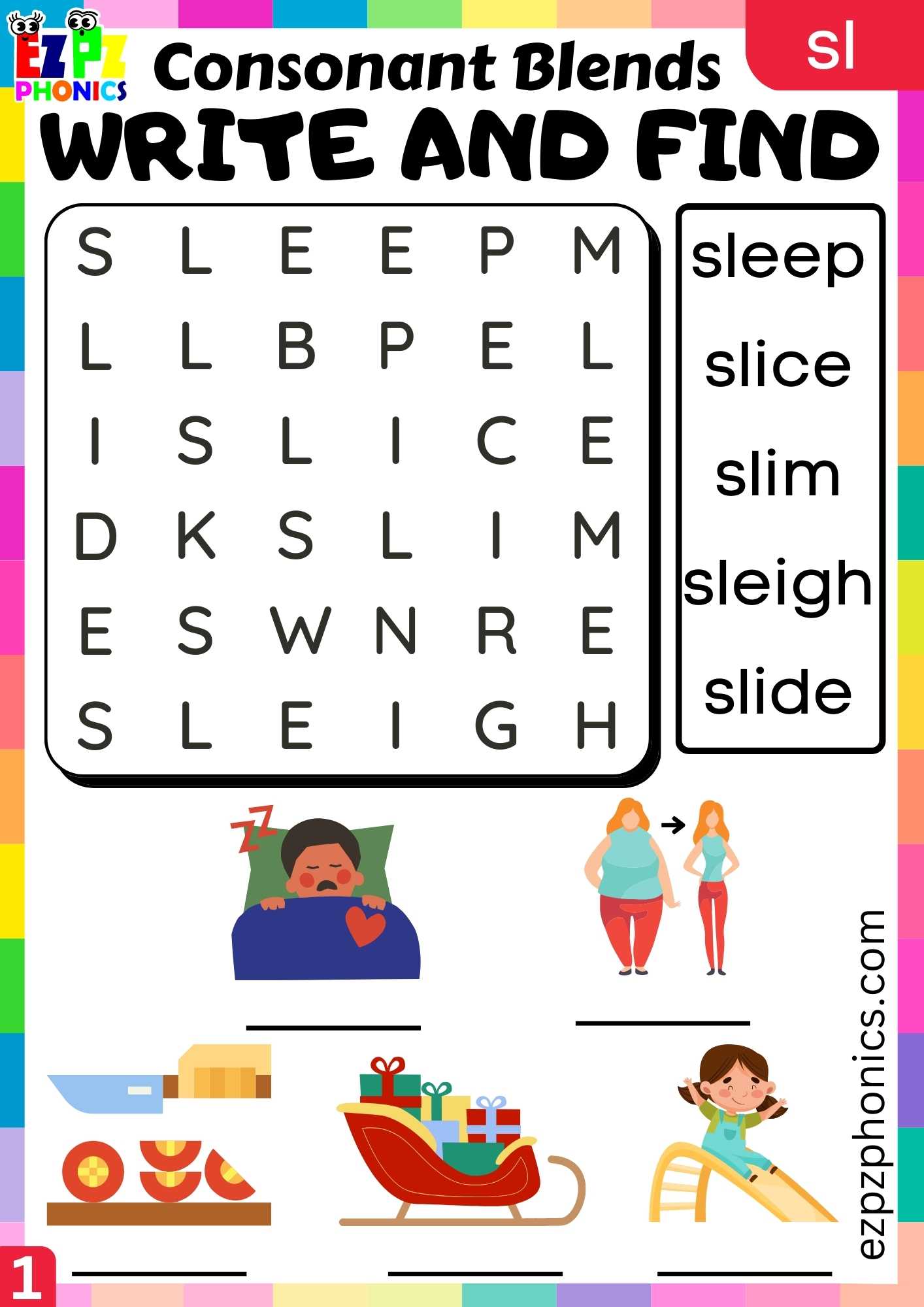 Group1 Sl Words Write And Find Phonics Consonant Blends Worksheet